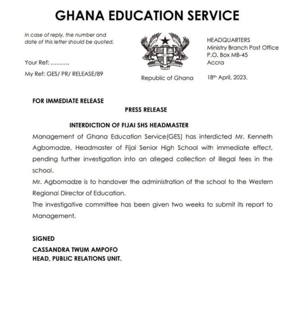 Fijai SHS Headmaster interdicted - Gnewsprime