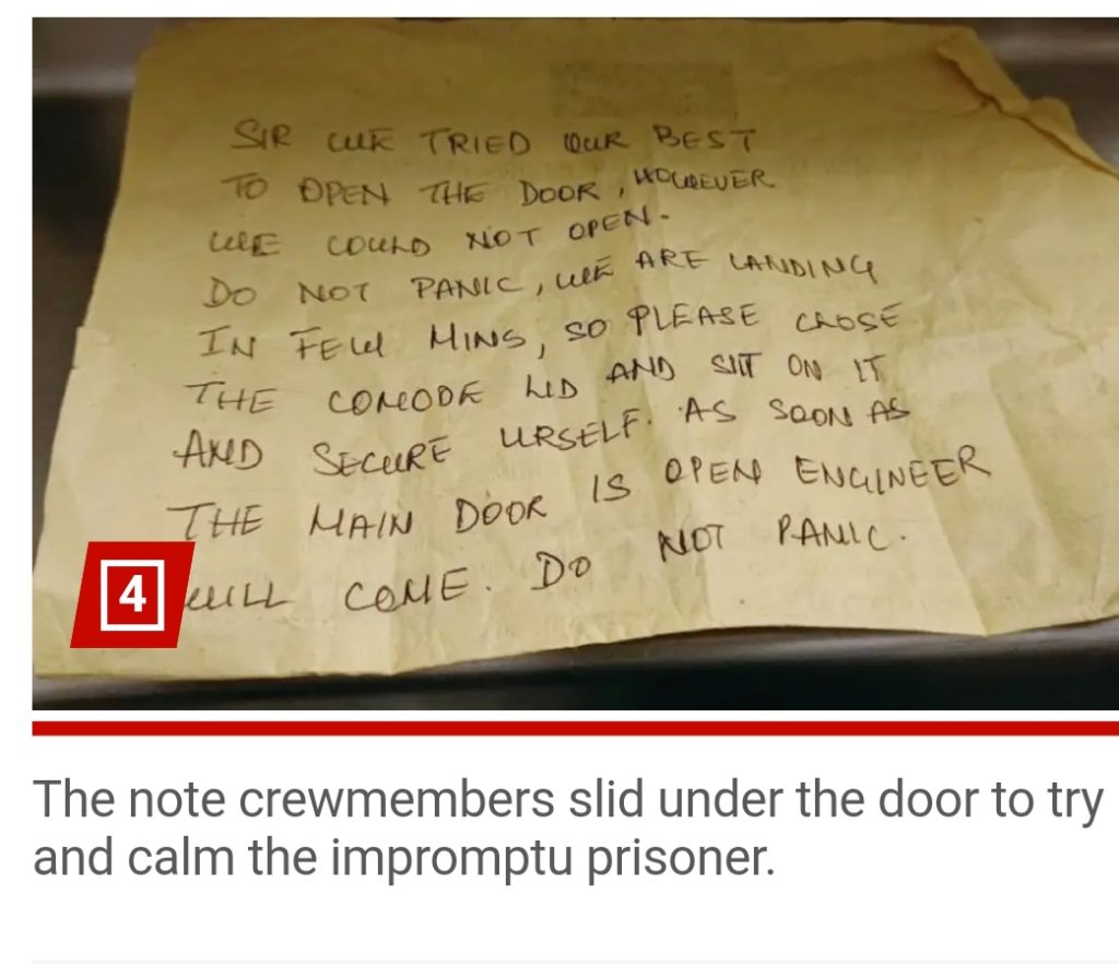 Passenger trapped in airplane bathroom for entire flight gets note from ...